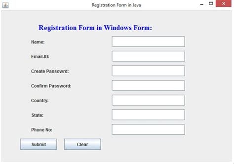 registration form in windows form using swing in java