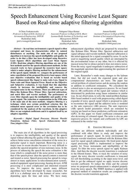 pdf speech enhancement using recursive least square based on real time adaptive filtering