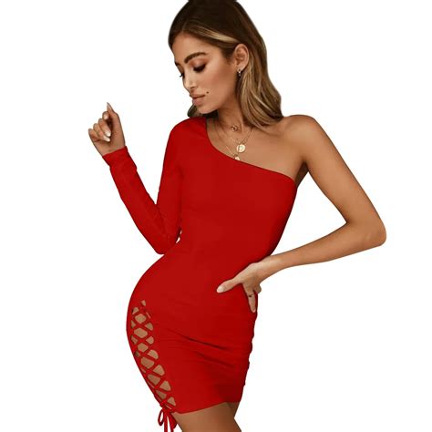 Sexy One Shoulder Women Summer Mini Dress Hollow Out Night Club Wear Red Blue Vestidos High