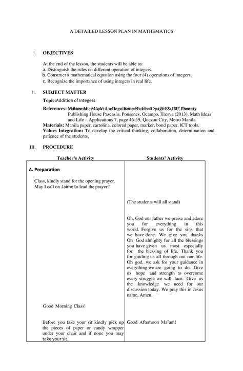 operations on integers detailed lesson plan a detailed lesson plan in mathematics i