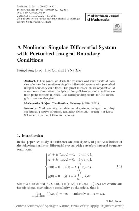 a nonlinear singular differential system with perturbed integral boundary conditions