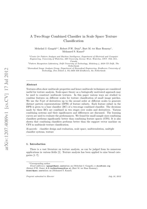 pdf a two stage combined classifier in scale space texture classification