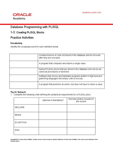 database programming with pl sql 1 3 practice activities pdf pl sql computer program