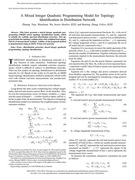 pdf a mixed integer quadratic programming model for topology identification in distribution