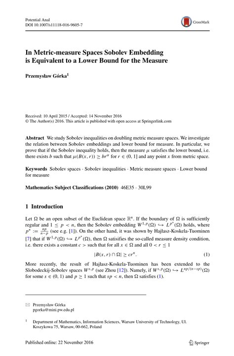 pdf in metric measure spaces sobolev embedding is equivalent to a lower bound for the measure