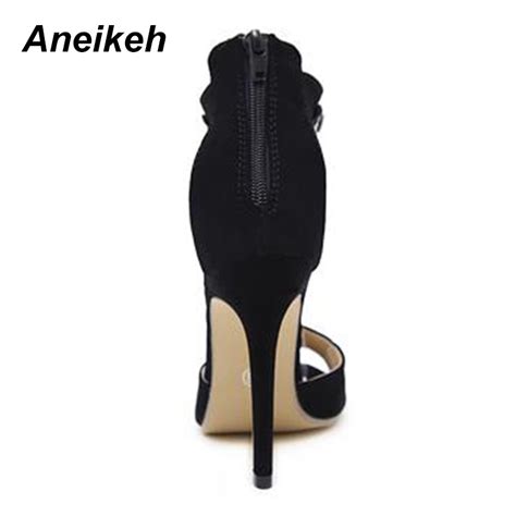 Black Crystal Women Embellished Suede Leather High Heel Sandals Sexy Peep Toe Ankle Strap