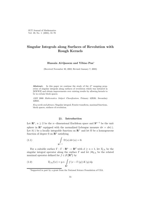 pdf singular integrals along surfaces of revolution with rough kernels
