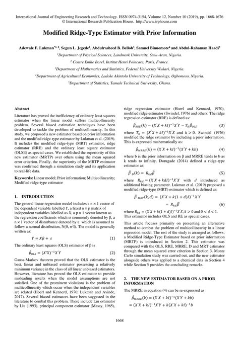 pdf modified ridge type estimator with prior information