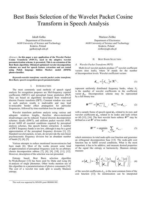 pdf best basis selection of the wavelet packet cosine transform in speech analysis