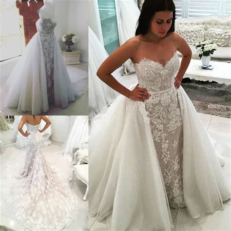 Newest Lace Tulle Wedding Dresses Detachable Train 2019 Sweetheart Neckline Button Back Vestido