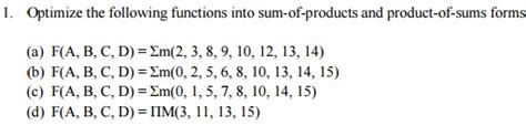 solved optimize the following functions into sum of products