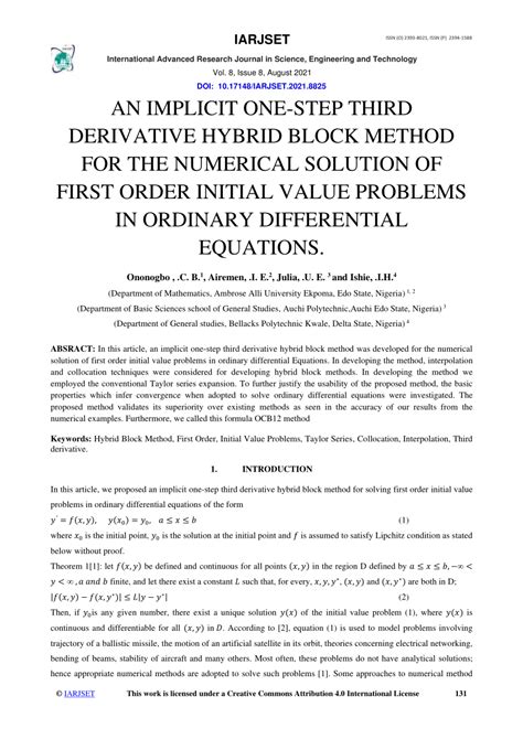 pdf an implicit one step third derivative hybrid block method for the numerical solution of