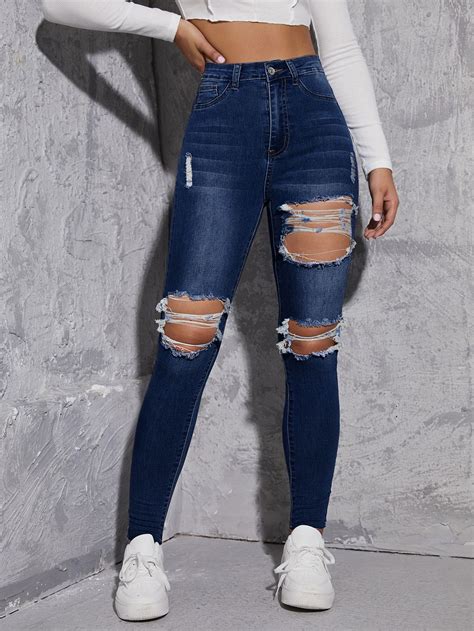 Dark Wash Collar Denim Plain Skinny Embellished Medium Stretch Women Clothing Cute Ripped Jeans