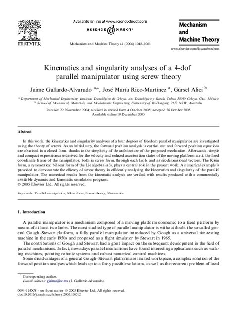 pdf kinematics and singularity analyses of a 4 dof parallel manipulator using screw theory
