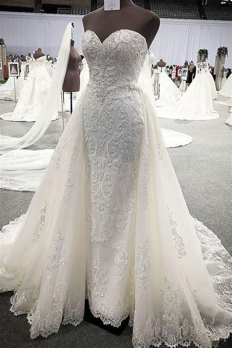 34840 Unique Tulle Sweetheart Neckline 2 In 1 Wedding Dresses With Beadings And Lace Appliques