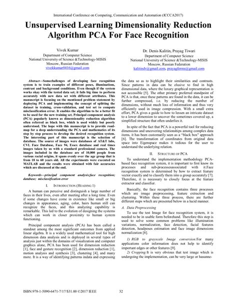 pdf unsupervised learning dimensionality reduction algorithm pca for face recognition