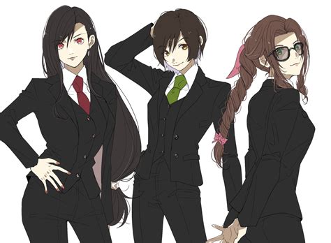 Safebooru 3girls Aerith Gainsborough Alternate Costume Arms Behind Back Black Hair Black