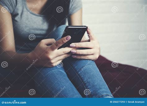 Girl On The Bed With Cellphone Stock Image Image Of Comfort Concept 256277293