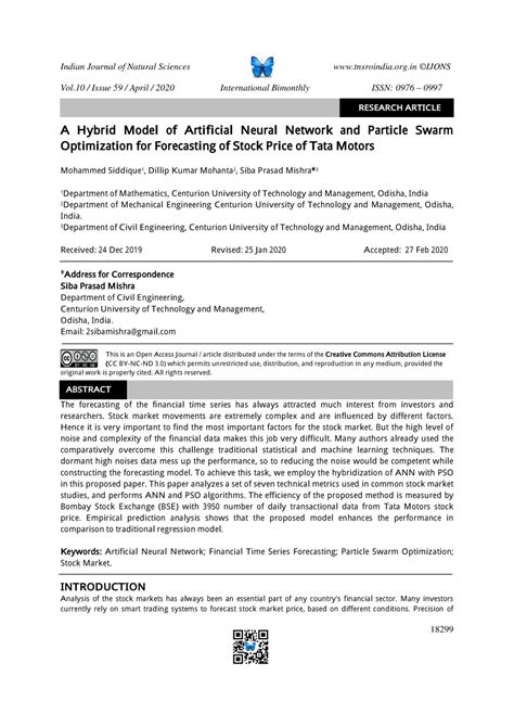 pdf a hybrid model of artificial neural network and particle swarm optimization for