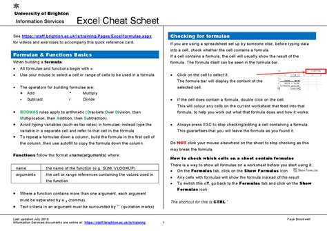 excel cheat sheet pdf cheat sheet ms microsoft excel skills docsity