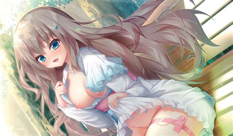 Rule 34 9 Nine Amatsuji Aroused Bench Blue Dress Blue Eyes Blush Breasts Breasts Out Brown