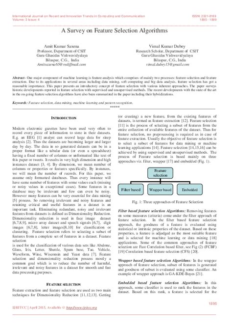 pdf a survey on feature selection algorithms international journal ijritcc and vimal kumar