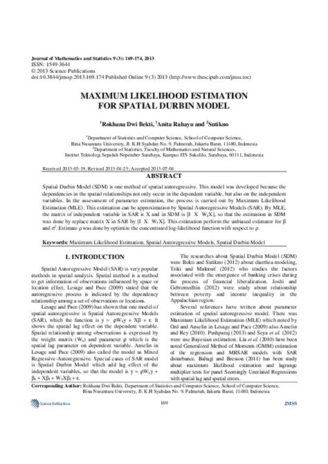 pdf maximum likelihood estimation for spatial durbin model anita rahayu