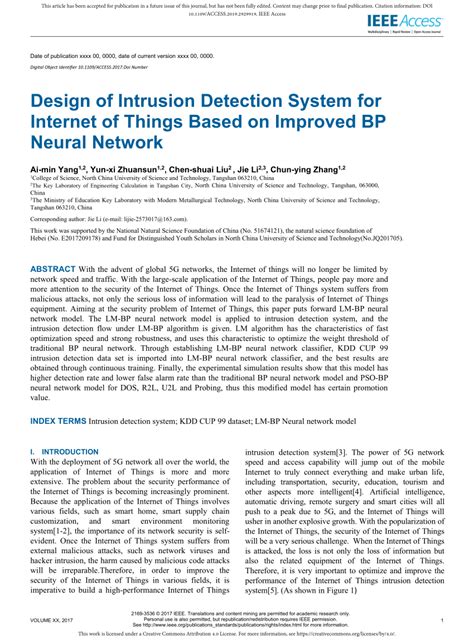 pdf design of intrusion detection system for internet of things based on improved bp neural