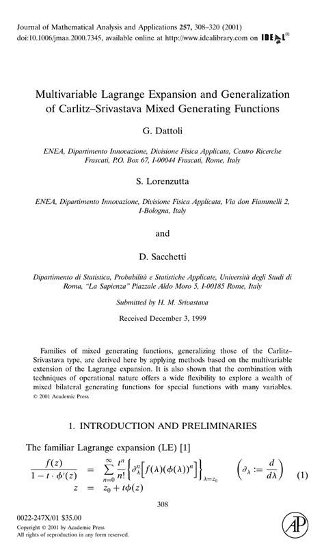 pdf multivariable lagrange expansion and generalization of carlitz srivastava mixed generating