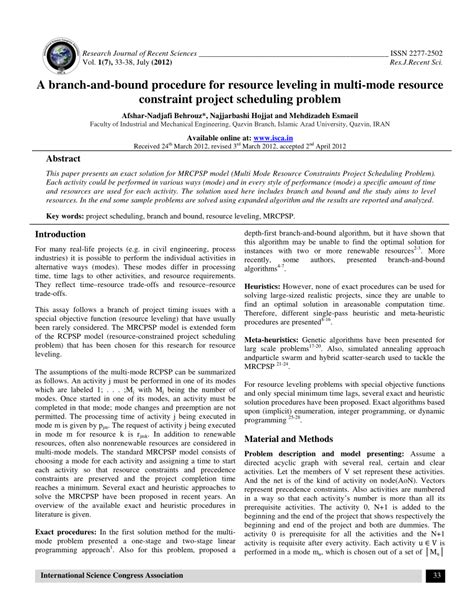 pdf a branch and bound procedure for resource leveling in multi mode resource constraint