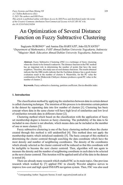 pdf an optimization of several distance function on fuzzy subtractive clustering