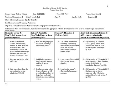 Process Recording 2 2 Psychiatric Mental Health Nursing Process