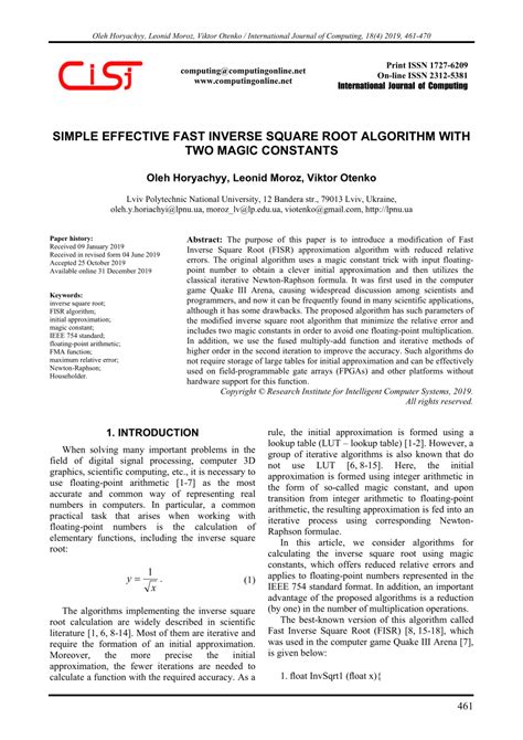 pdf simple effective fast inverse square root algorithm with two magic constants