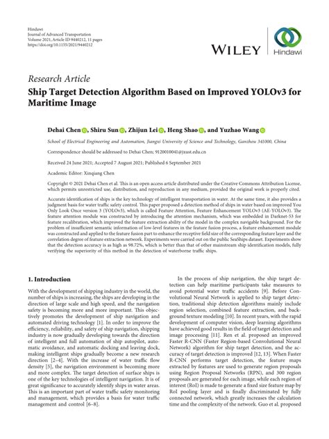 pdf ship target detection algorithm based on improved yolov3 for maritime image