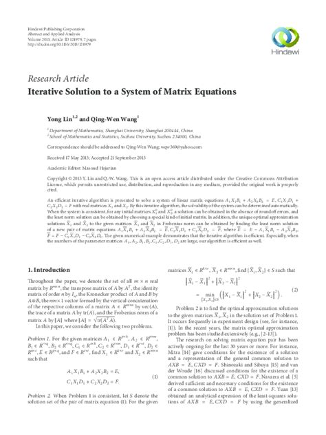 pdf iterative solution to a system of matrix equations qing wen wang and yong lin