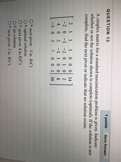 solved a simplex matrix for a standard maximization problem