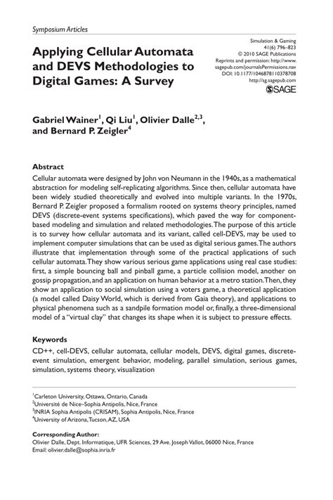 pdf applying cellular automata and devs methodologies to digital games a survey