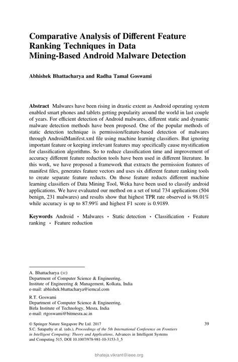 pdf comparative analysis of different feature ranking techniques in data mining based android