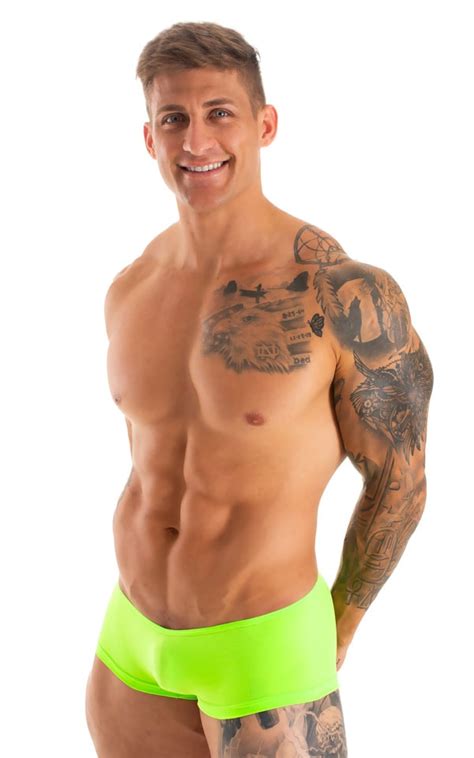 Micro Low Square Cut Swim Trunks In Semi Sheer Thinskinz Neon Lime