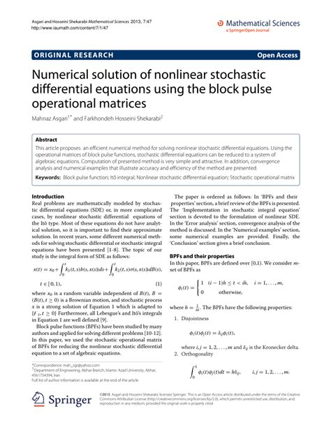 pdf numerical solution of nonlinear stochastic differential equations using the block pulse