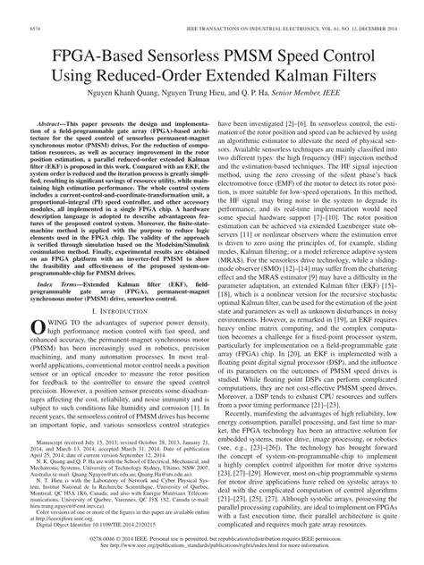 pdf fpga based sensorless pmsm speed control using reduced order extended kalman filters