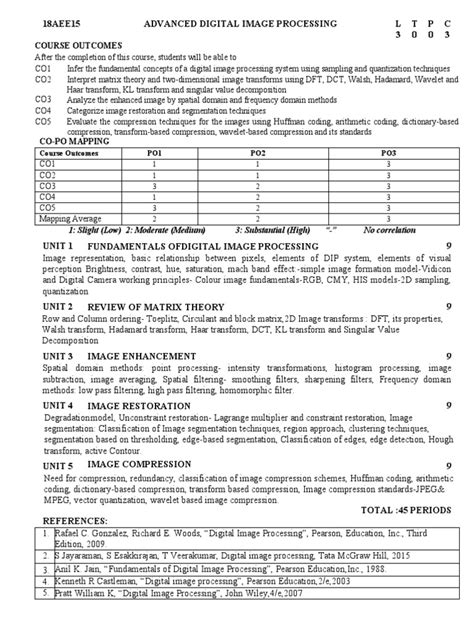 18aee15 advanced digital image processing ltpc 3 0 0 3 course outcomes pdf data compression