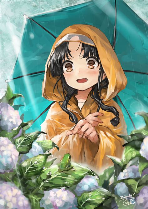 Safebooru 1girl Black Hair Blush Brown Eyes Dated Flower Holding Holding Umbrella Hydrangea