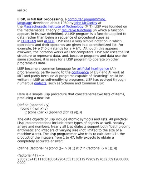 lisp lecture notes module 4 lisp in full list processing a computer programming language
