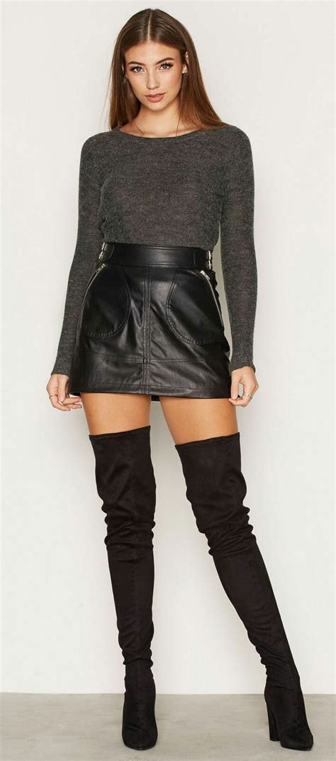 Pin By Danielle On My Style Skirts With Boots Leather Mini Skirts Black Boots Outfit