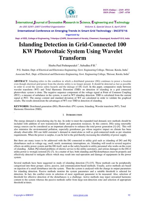 pdf islanding detection in grid connected 100 kw photovoltaic system using wavelet transform