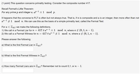 solved 1 point this question concerns primality testing