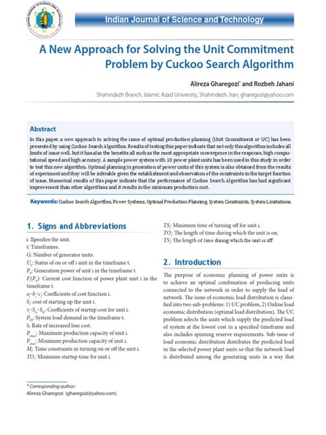 a new approach for solving the unit commitment problem by cuckoo search algorithm pdf
