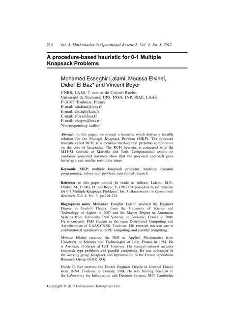 pdf a procedure based heuristic for 0 1 multiple knapsack problems