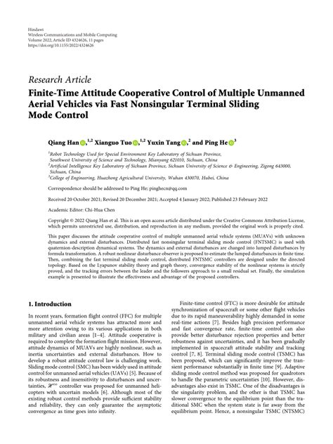 pdf finite time attitude cooperative control of multiple unmanned aerial vehicles via fast
